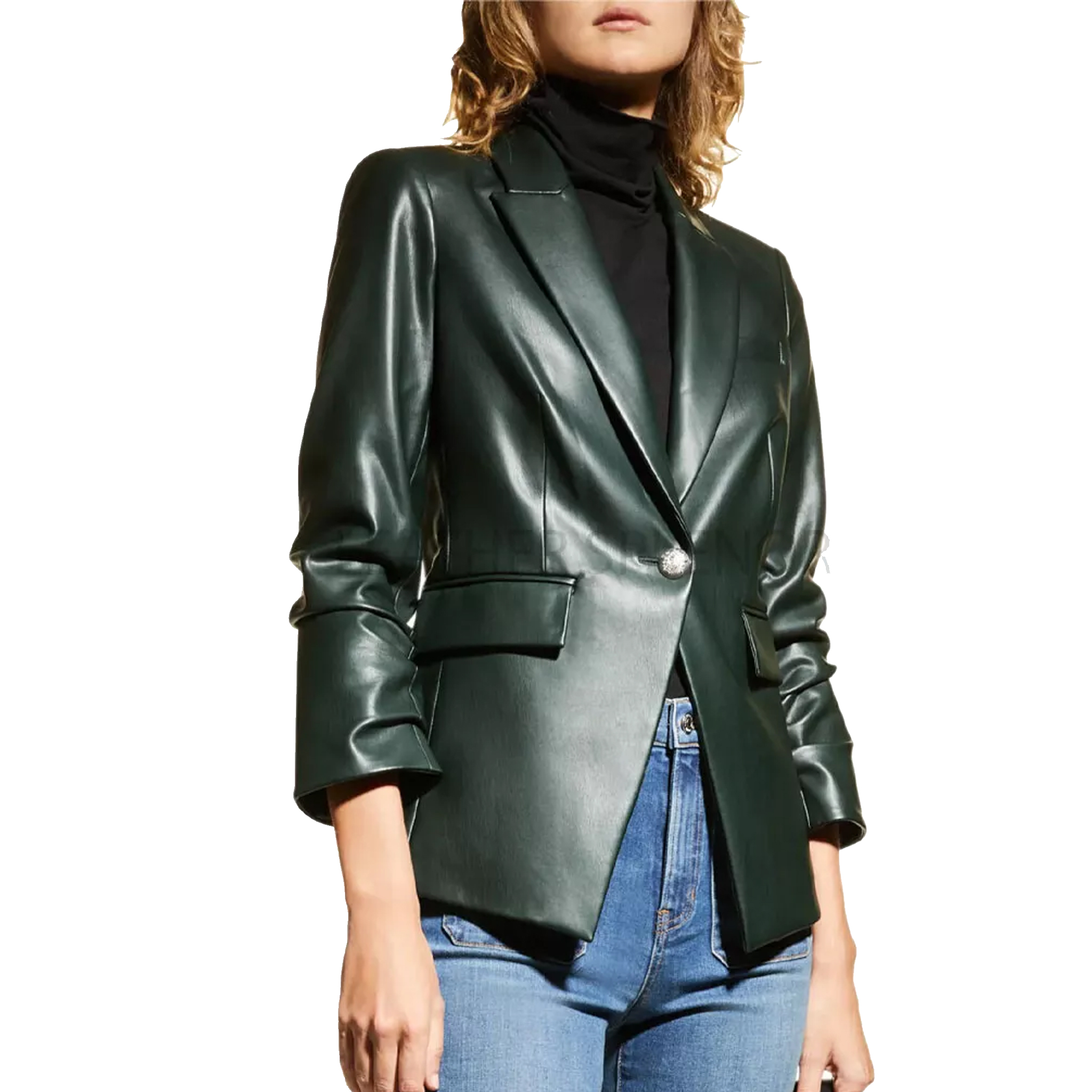 Dark Green Women’s Leather Blazer - Stylish Single Button Front